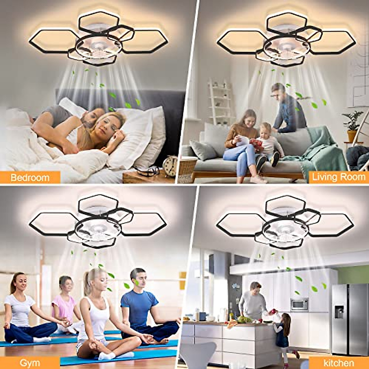 FATOLRD 41" Ceiling Fans with Lights, Modern Ceiling Fan with Dimmable LED and Remote, Bladeless Low Profile Ceiling Fan Lights Reversible Blades 6 Wind Speed Timing for Bedroom (Black)