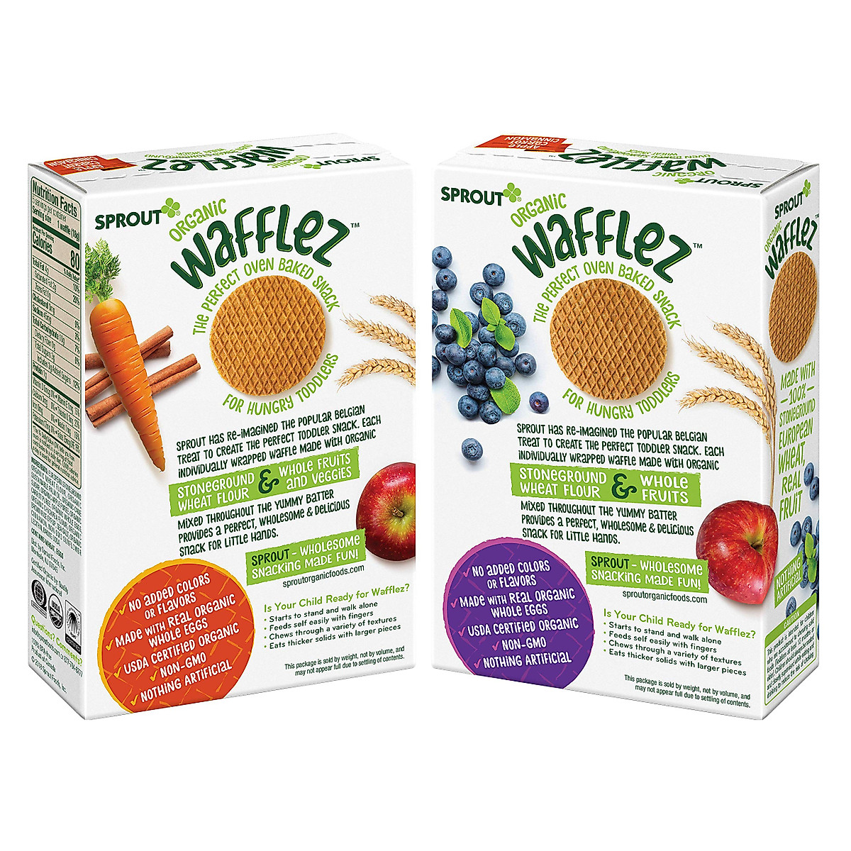 Sprout Organic Baby Food, Stage 4 Toddler Snacks, Blueberry Apple and Apple Cinnamon Wafflez Variety Pack, Single Serve Waffles (20 Count)