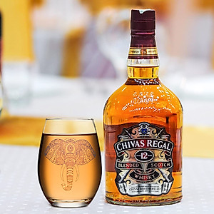 Cunhill 2 Pieces Elephant Stemless Wine Glass Hand Etched Elephant Glass Clear Stemless Wine Glass Coffee Cup, Presents for Women Men (15.2 oz, Classic Style)