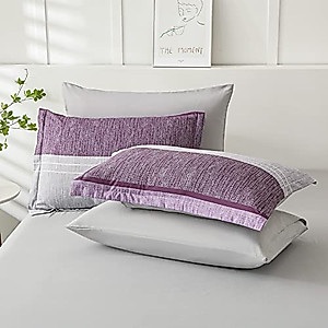 FLYMME Striped Patchwork Bed in a Bag 7 Pieces,Purple White Grey Stripe Pattern Full Size Comforter Set with Sheets, Soft Lightweight Bedding Sets Collections for All Season (Purple 80''x 90'')