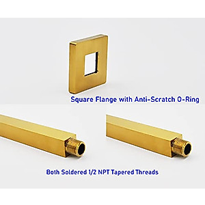 Aquaiaw Square Shower Arm and Anti-Scratch O-Ring Flange, 8 inch, Solid Brass, Both Soldered 1/2 NPT Tapered Threads, Straight Rainfall Shower Head Arm Extension, Ceiling Mount Arm (Brushed Gold)
