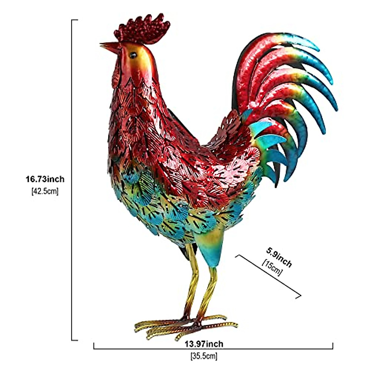 Kircust Solar Metal Rooster Animal Lights Garden Sculptures Art Decor, Outdoor LED Light Color Chicken Statue for Farm Patio Lawn Back Yard Home Decorations,13.98" WX5.9 DX16.74 H