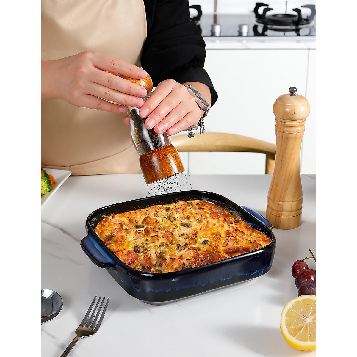 Ceramic Baking Dish - 8x8 Deep Square Baking Pan, Lasagna Pan with Double Handles, Non-Stick Casserole Pan for Oven, Brownie, Lasagna, Roasting - Home Gift (Reactive Glaze Blue)