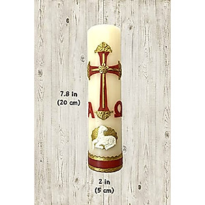 Alpha Omega Candle for Baptism, Confirmation, Easter Lent Cirio para Bautizo, Confirmacion O Boda Cirio Pascual (Red)