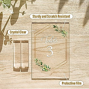 AerWo Acrylic Wedding Table Numbers 1-20 with Stands, 4x6 inches Clear Sign Place Cards with Gold Trim Green Floral Theme, Rustic Table Numbers for Wedding Reception Anniversary Baby Bridal Shower