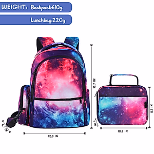 E-Clover Backpack for Girls Kids Galaxy Backpacks Purple Space Bookbags School Bag with Galaxy Lunch Box Set Valentines Day Gifts