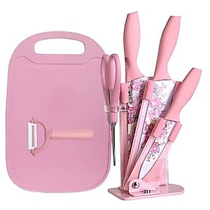 Stainless Steel Pink Floral Knife Set with Potato Peeler & Cutting Board - 6 Piece Pink Kitchen Knife Set (Pink)