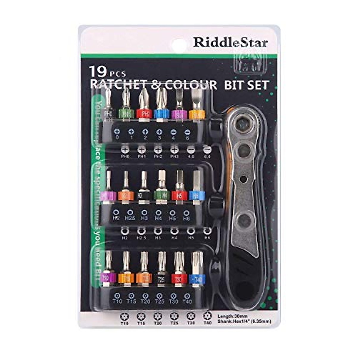 Gazeer 19pcs S2 Micro Ratchet Wrench Screwdriver Bit Set with Phillips,Slotted,Hexagon and Torx 1/4" Drive Size,Reversible Drive Handle and Multi Bits Set