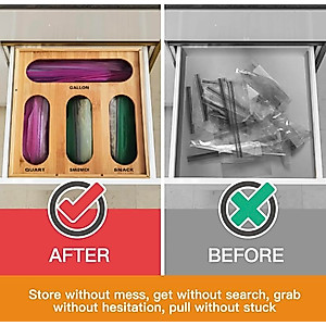CNL DESIGNS INC. Bamboo Ziplock Bag Organizer for Drawer, Food Storage Organizer, Sandwich Bag Organizer for Kitchen, Compatible with Gallon, Quart, Sandwich & Variety Snack Size Bags.