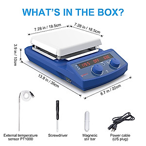 Magnetic Stirrer with Hotplate, 7 Inch Ceramic Hotplate, Speed and Temperature Adjusting, with Timer and Display, max 20L Stirring Capacity, 50 to 1500rpm, up to 510°C(950°F)