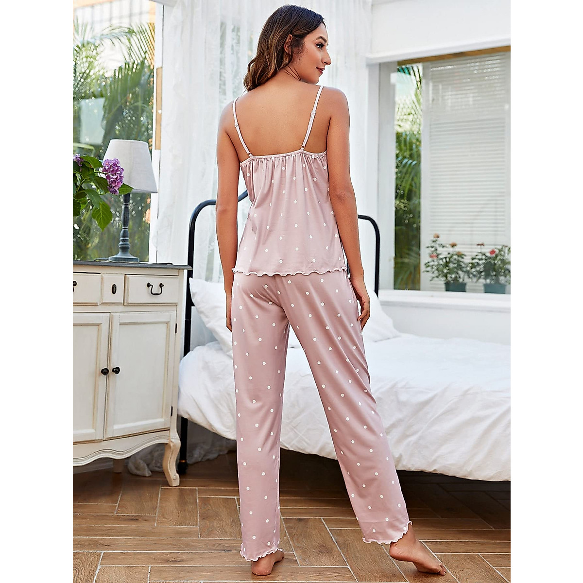 Verdusa Women's 2 Piece Polka Dots Lace Cami Top and Pants Sleepwear Pajama Set Light Pink S