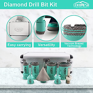LEKOMESH Diamond Core Drill Bits Set 8pcs Tile Hole Saw Kit for Porcelain Tile Ceramic Marble Brick Concrete with 5/8"-11 Thread(6/6/20/25/35/50mm+50mm Beveling Chamfer Bit+Triangle Shank Adapter)