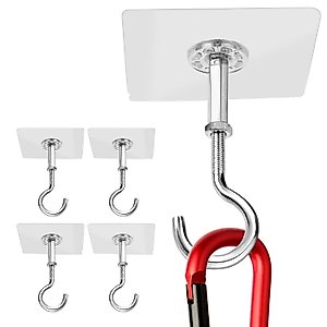 4 Pack Adhesive Ceiling Hooks Large Super Heavy Duty Hooks for Hanging Plants, Lights, Wind Chimes, Lanterns No Drill Strong Outdoor Sticky Ceiling Hanger Drill Free Metal Hook for Ceiling Decoration