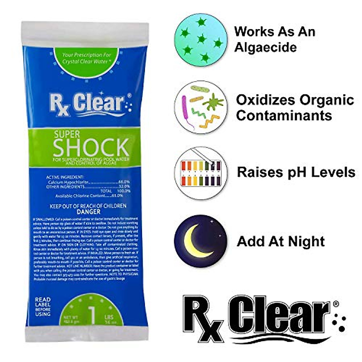 Rx Clear Super Shock for Swimming Pools | Chlorinator and Algaecide | 68% Calcium Hypochlorite Shock | Kill Pool Algae for a Crystal Clear Pool | One Pound Bags | 12 Pack