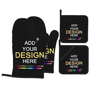 Personalized Heat Resistant Oven Mitts and Pot Holders Custom Picture Logo Text Customized Personalized Non-Slip Oven Mitt Set for Kitchen Cooking Baking Grilling Glove and Safe Mats Gift