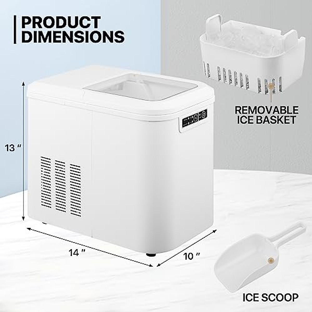 mollie Ice Maker Countertop 9 Ice Cubes Ready in 10 Mins - 26LBS/24Hrs, Self-Cleaning Ice Makers, One-Click Operation Portable Ice Cube Machine w/Ice Scoop for Home Kitchen Office Party RV, White