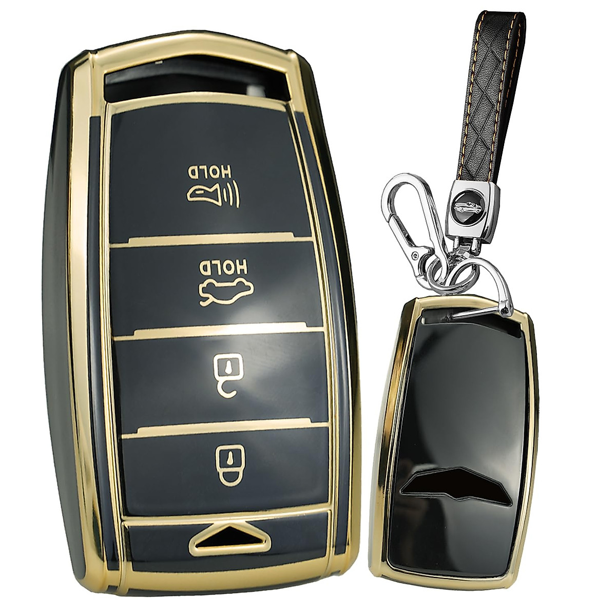 SANRILY Golden-Edge 4 Button Key Fob Cover Fit for Genesis G70, G80, G90 2017-2020 Keyless Full Coverd Smart Key Case with Leather Keychain Black