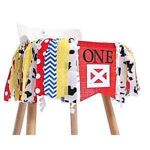 WAOUH Farm High Chair Banner for 1st Birthday - First Baby Birthday Party Theme Decoration, Fabric Garland Cake Smash Photo Prop,Birthday Souvenir and Gifts (Red Birthday Banner)