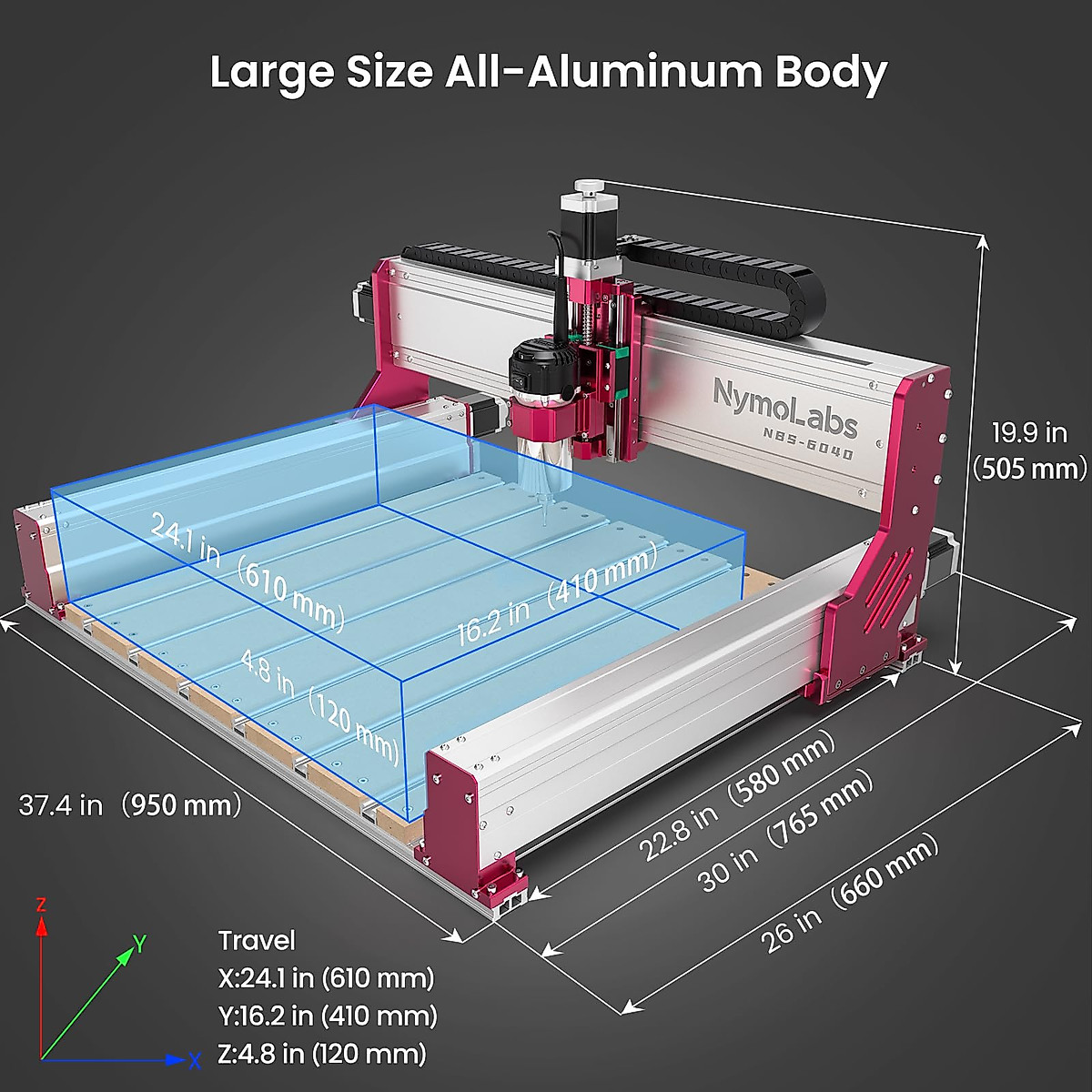 NymoLabs NBS-6040 CNC Router Machine with Custom-Made 710W 7000-30000 RPM Trim Router Spindle & ER-11 Collet, Linear Rails & Ball Screws on 3-axis, Engraving for Wood Acrylic Aluminum