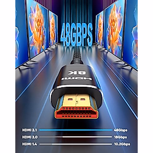 Snowkids 10K 8K HDMI 2.1 Cable 15FT, 48Gbps Ultra High Speed Long HDMI Cable 8K/60Hz 4K/120Hz 144Hz Braided Black HDMI Cord eARC HDR10 HDCP 2.2&2.3 Compatible with Roku TV/PS5/HDTV and More
