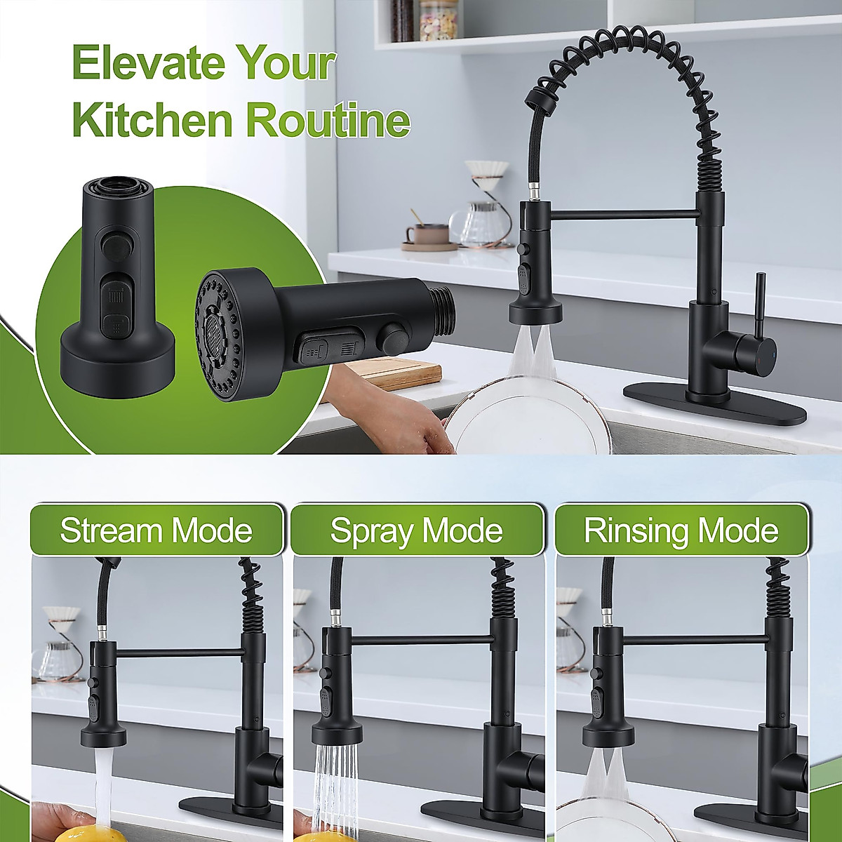 GCGWEQS Pull Down Faucet Replacement Head, 3 Functions Kitchen Faucet Sprayer Head, G 1/2 Pull Out Spray Head for Kitchen Faucet, Black Kitchen Sink Faucet Head