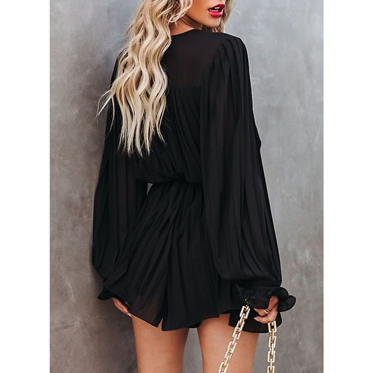 Dokotoo Womens Summer Spring Romper Ladies Elegant Plain Sexy V Neck Flared Long Sleeve Waist Tiet Pleated Drape Rompers and Jumpsuits for Women Dressy Black X-Large