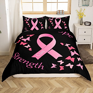 Erosebridal Pink Ribbon Breast Cancer Comforter Cover Butterfly Bedding Set,Flying Butterflies Duvet Cover Breast Cancer Gifts for Women Chemo Friend Coworker Bedroom Decor Queen Size Black