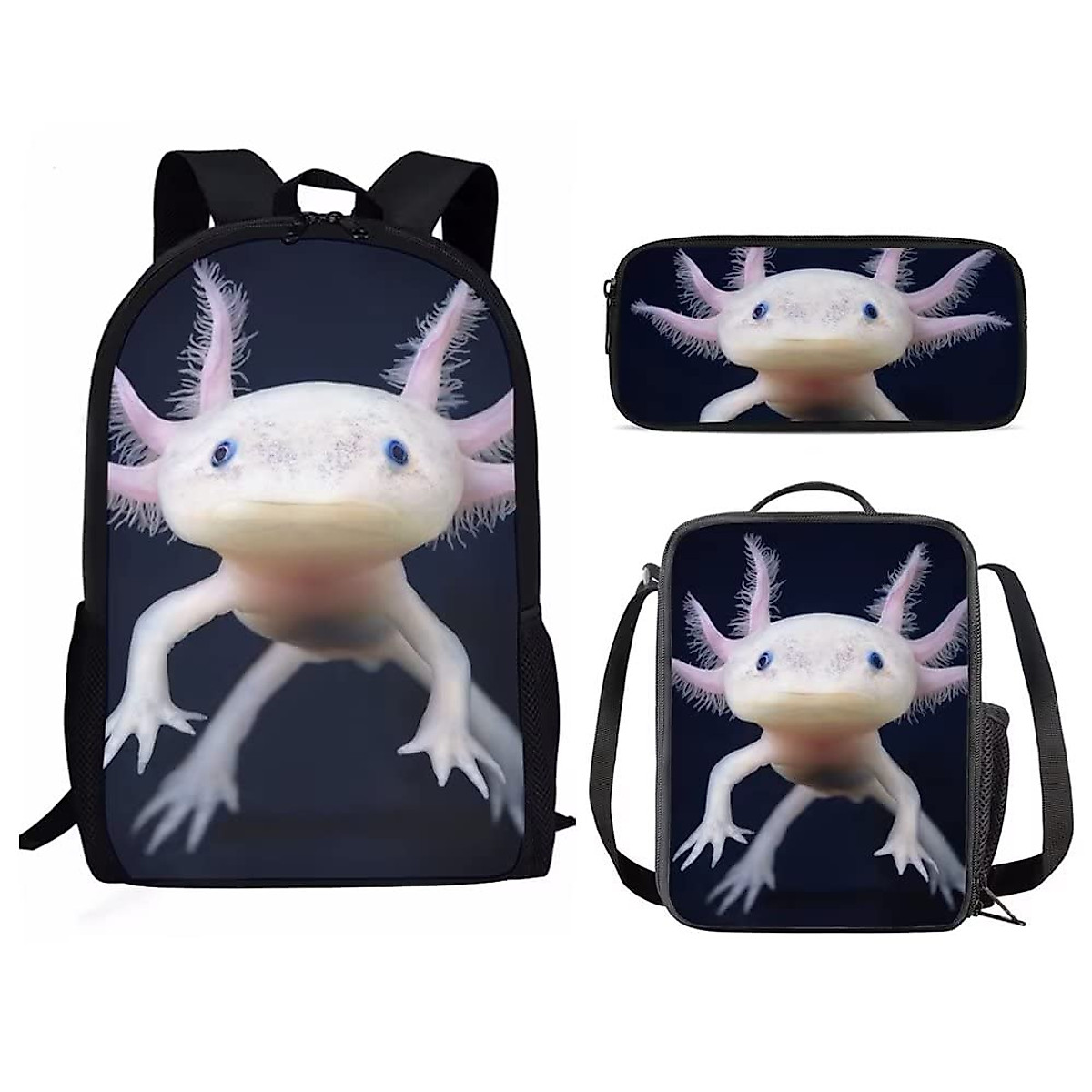 AmzPrint Axolotl Animal Print Bookbag With Lunchbox For Girls American Children Back To School Gift 3pcs Backpack Set