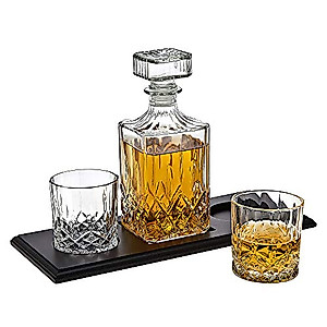 Whiskey Decanter and Glasses Barware Set, for Liquor Scotch Bourbon Wine or Vodka - Includes 2 Whisky Glasses on Wooden Display Tray Clear