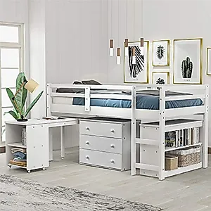 Harper & Bright Designs Twin Loft Bed with Desk, Low Study Loft Bed Frame with Storage Cabinet and Rolling Portable Desk for Kids and Teenagers, Twin Size, White