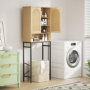 Rattan Toilet Storage Cabinet, Over the Rack Wood Cabinet with Metal Stand, Bathroom Organizer with Adjustable Shelf, Tall Freestanding Washer Shelf, Small Cupboard, Space Saver, Natural style