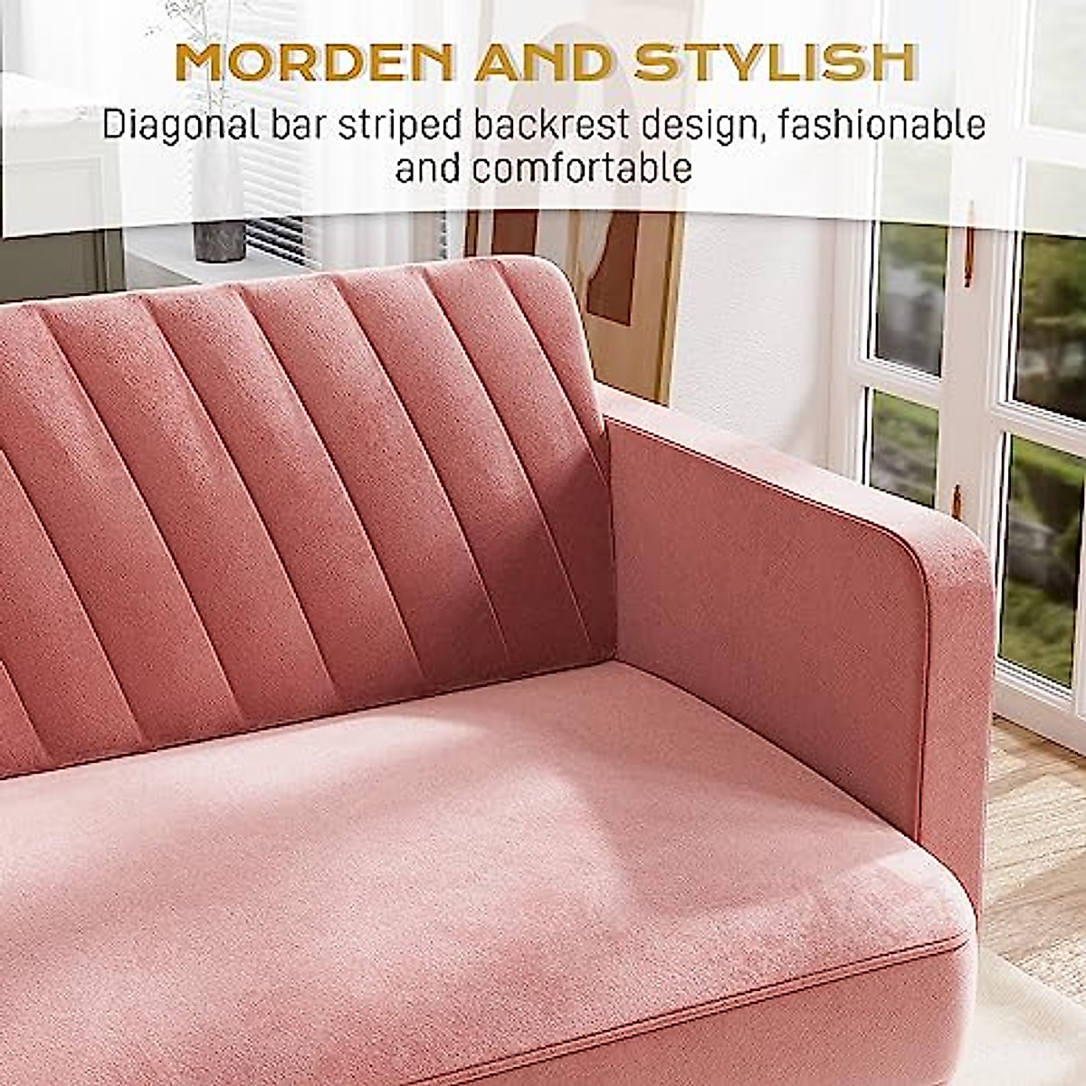 OUYESSIR Futon Sofa Bed, Convertible Sleeper Sofa with Wood Legs, 74.5“ Splitback Sofa with 2 Pillows, Velvet Futon Couch for Living Room (Rose Pink)