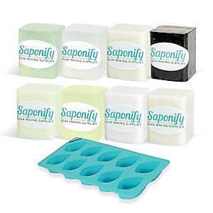 Saponify - Melt and Pour Soap Base Sampler Kit, Silicone Mold, Aloe, Clear, Coconut Milk, Charcoal, Avocado Butter, Olive Oil, White and Shea Butter, 1Lb Each, Variety Pack 1