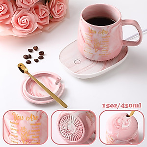 Nitial Christian Gifts Bible Verse Coffee Warmer with Mug Set for Women Pink Marble Mug Warming Plate Birthday Gift Christmas Gifts Graduation Gifts for Coworker Volunteer Teacher