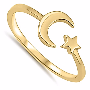 Gold-Tone Crescent Moon Star Open Modern Sterling Silver Ring Size 6
