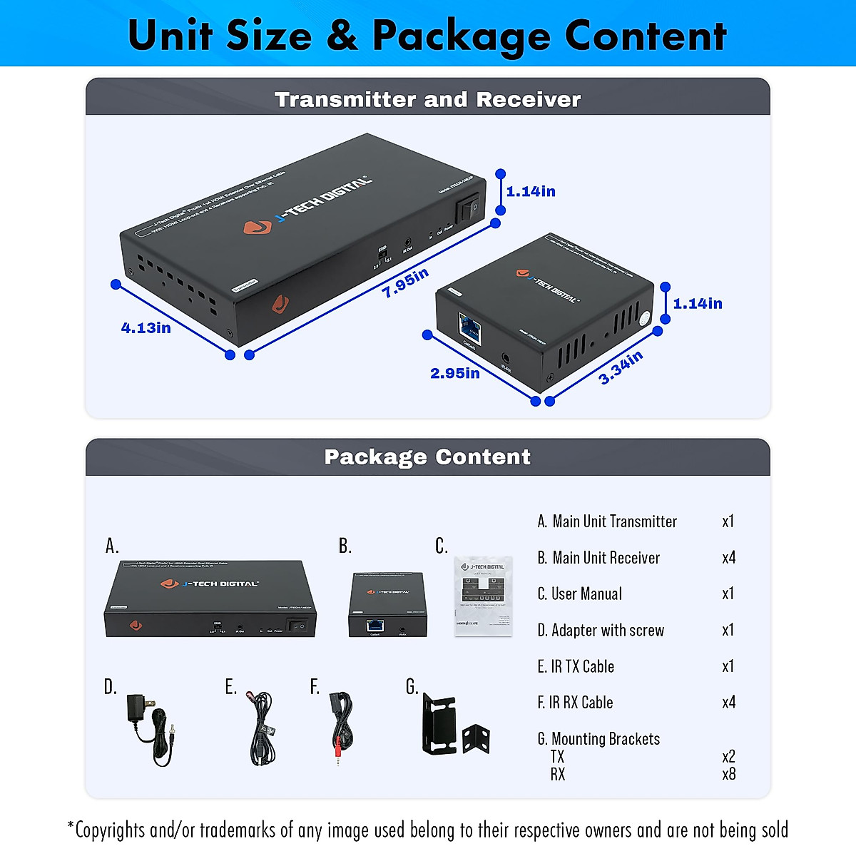 J-Tech Digital HDMI Extender Splitter 1x4 Over Single Cat5e/6 Ethernet Cable Up To 164ft. Supports PoC HDMI Loopout IR Control EDID Switch