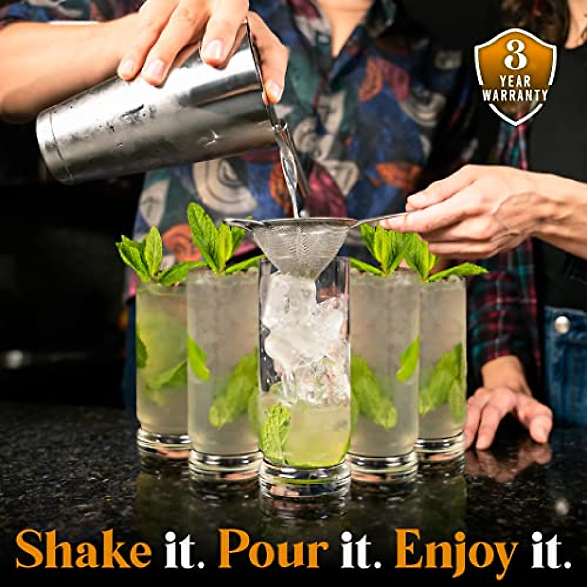 Deluxe Mixology Bartender Kit Bar Set | 14-Piece Martini Cocktail Shaker Set | Professional Barware Mixing Tools for Home Bartending | Bamboo Stand Recipe Cards | Gift Set for Him & Her (Silver Black)