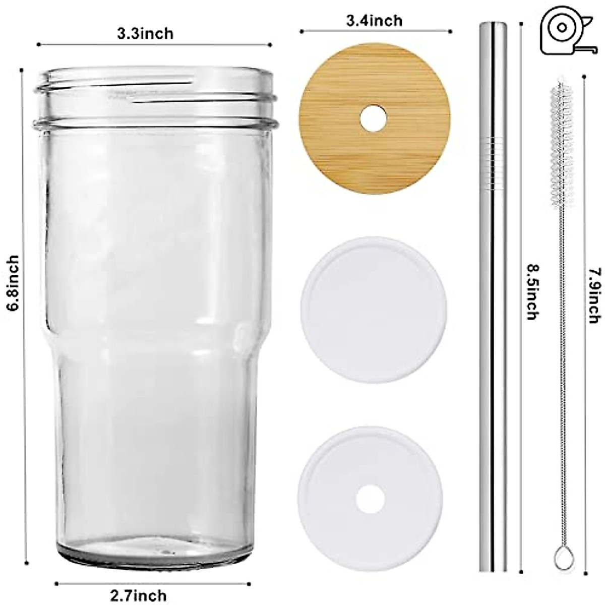 BGHEOUYV Glass Iced Coffee Cups with 8 Bamboo Lids and 4 Straws, 22oz Boba Cup,Glass Tumbler, Juice Bottles for Juicing, Bubble Tea, smoothie,coffee, 4 Pack