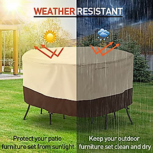 Arcedo Patio Furniture Cover, Waterproof Outdoor Round Table Chairs Set Cover, Heavy Duty Small Table Cover for Bistro Set, Dining Set and Fire Pit, All Weather Resistant, 62”Dia, Beige & Brown