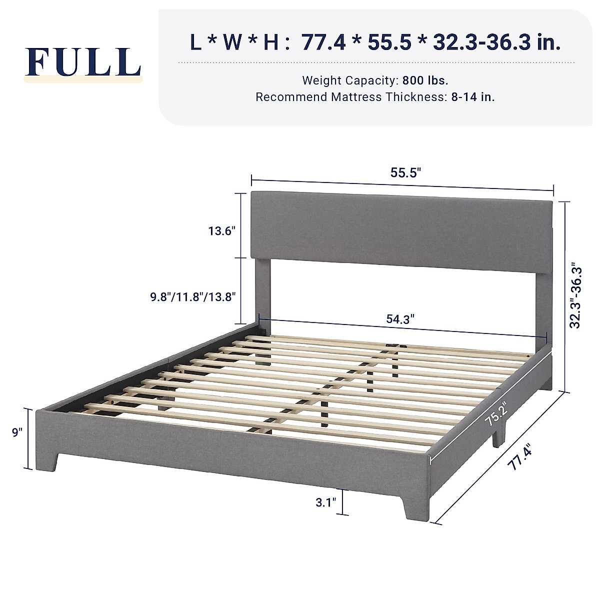Allewie Full Size Bed Frame with Adjustable Headboard, Upholstered Platform Bed with Wood Slats, Heavy Duty Mattress Foundation, No Box Spring Needed, Noise-Free, Easy Assembly, Light Grey