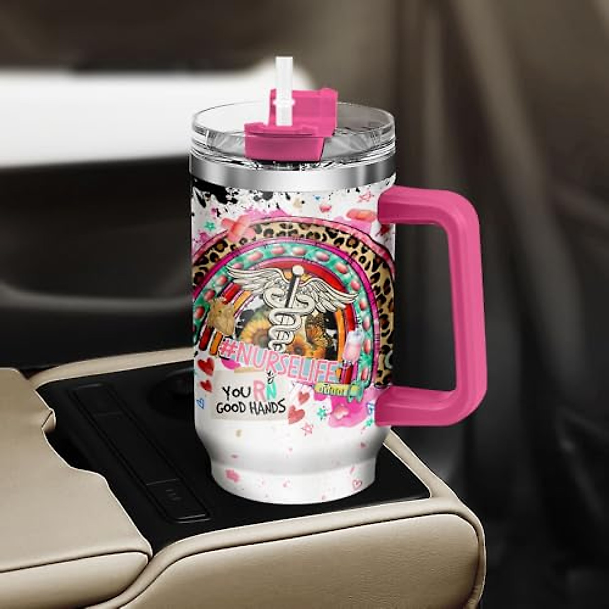99WHALE Coffee Straws Student Practitioner Cup Er Cups Leopard Travel Women Nurses Print For, Nurse Gifts, Tumbler 40 Oz With Handle Lid And Straw, Nurse Rainbow Collaboration
