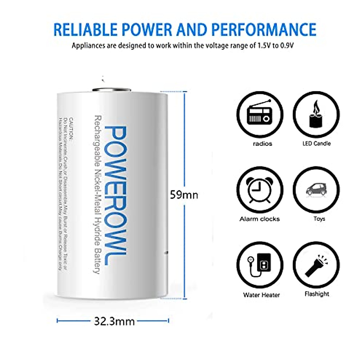 POWEROWL Rechargeable D Batteries with 4 Bay Battery Charger, USB Quick Charging, for AA AAA C D Ni-MH Ni-CD Rechargeable Batteries -4 Count