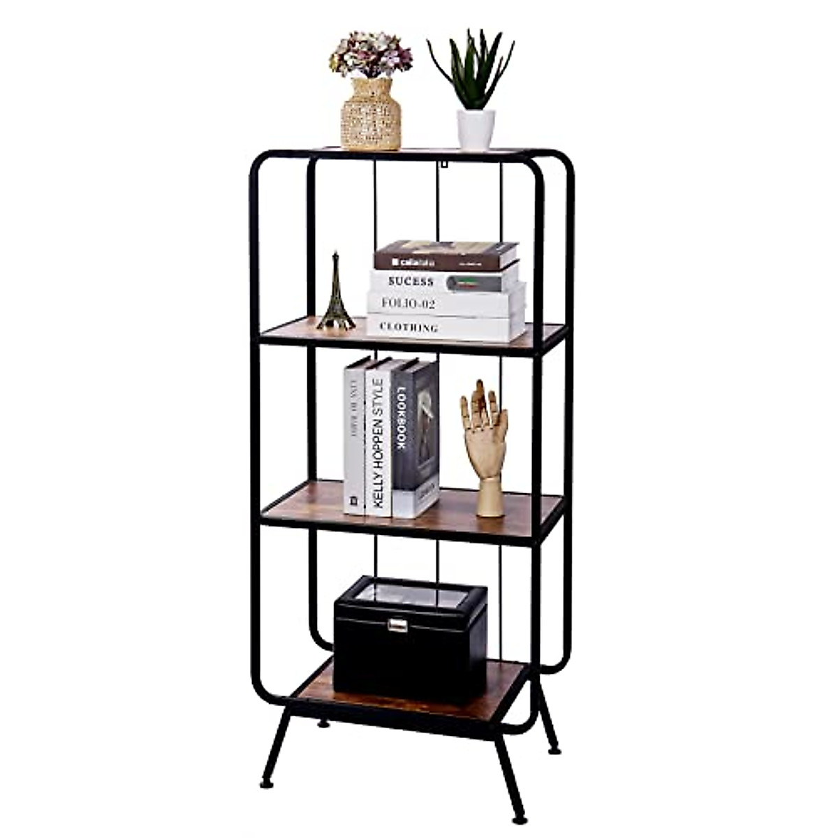 4-Tier Bookshelf, Modern Wooden Bookcase with Metal Frame, Vertical Standing Shelf for Bedroom, Living Room and Home Office, Storage Rack, Display Shelf for Plant, Book and Craft, Rustic Brown