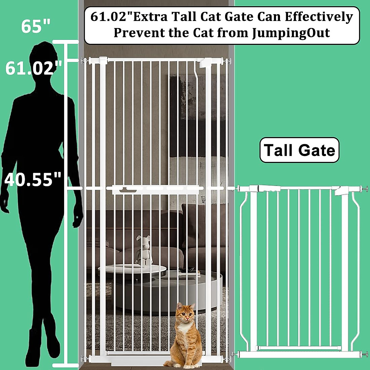 WAOWAO 61.02" Extra Tall Cat Pet Gate 30.11-33.07" Wide Pressure Mounted Walk Through Swing Auto Close Safety White Metal Baby Toddler Kids Child Dog Pet Puppy Cat for Indoor Stairs,Doorways