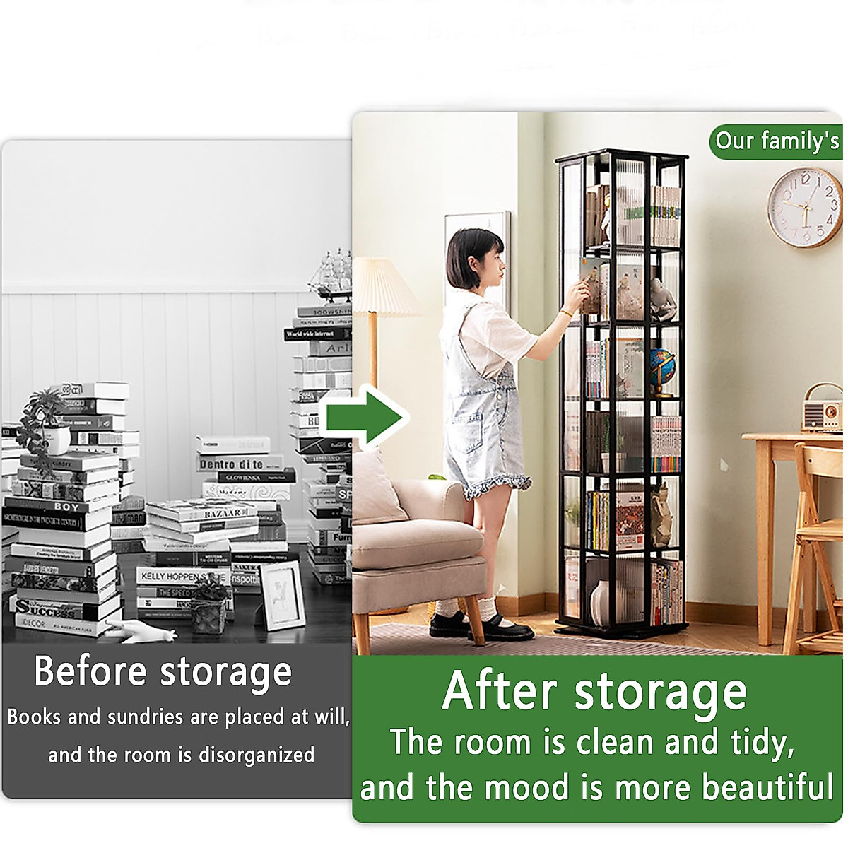 BVOUVOI 360° Rotating Bookshelf Tower 6Tier Spinning Bookcase Lazy Susan Floor Standing Book Shelf Storage Rack Revolving Book Display Shelf for Home Office, Living Room, Bedroom (Black)