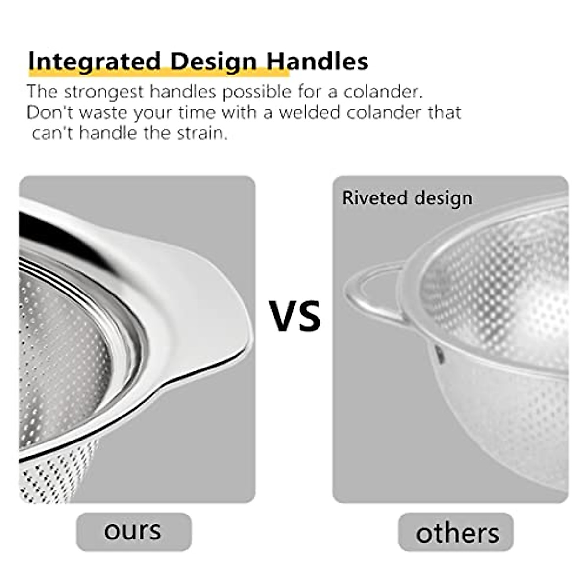 POJORY 3 Piece 304 Stainless Steel 2-3-3.5 Quart Colander Set with Handle, Micro-Perforated Strainers and Colanders, Great for Pasta, Noodles, Vegetables and Fruits, BPA Free