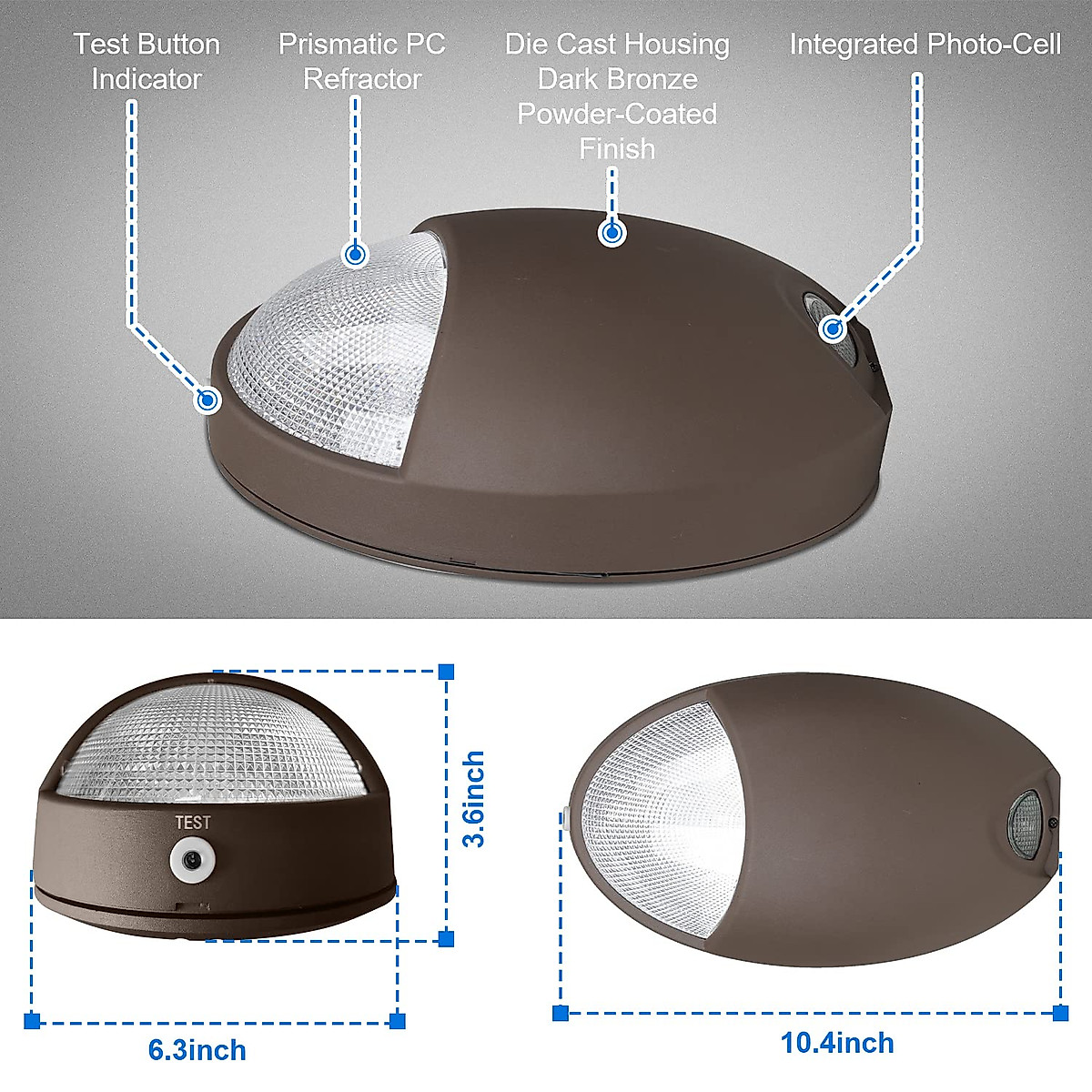 12W LED Emergency Wall Pack Light with Battery Backup Photocell Sensor, IP65 Self Test Diagnostics LED Outdoor Wall Pack Emergency Light Fixtures, Aluminum Housing 120-277VAC UL Listed (1 Pack)