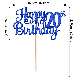1 PCS Happy 20th Birthday Cake Topper Glitter Cheers to 20 Years Birthday Cake Pick Twenty 20 Fabulous Cake Decoration for Happy 20th Birthday Theme Party Decorations Supplies Blue