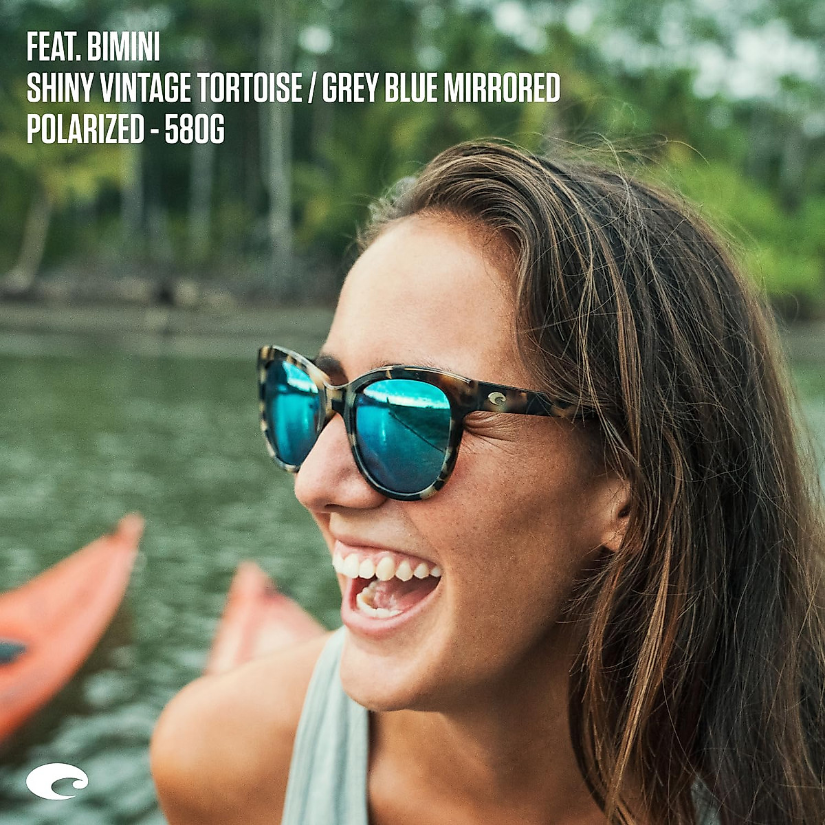 Costa Del Mar Womens Bimini Square Sunglasses, Shiny Vintage Tortoise/Grey Blue Mirrored Polarized-580G, 54 mm