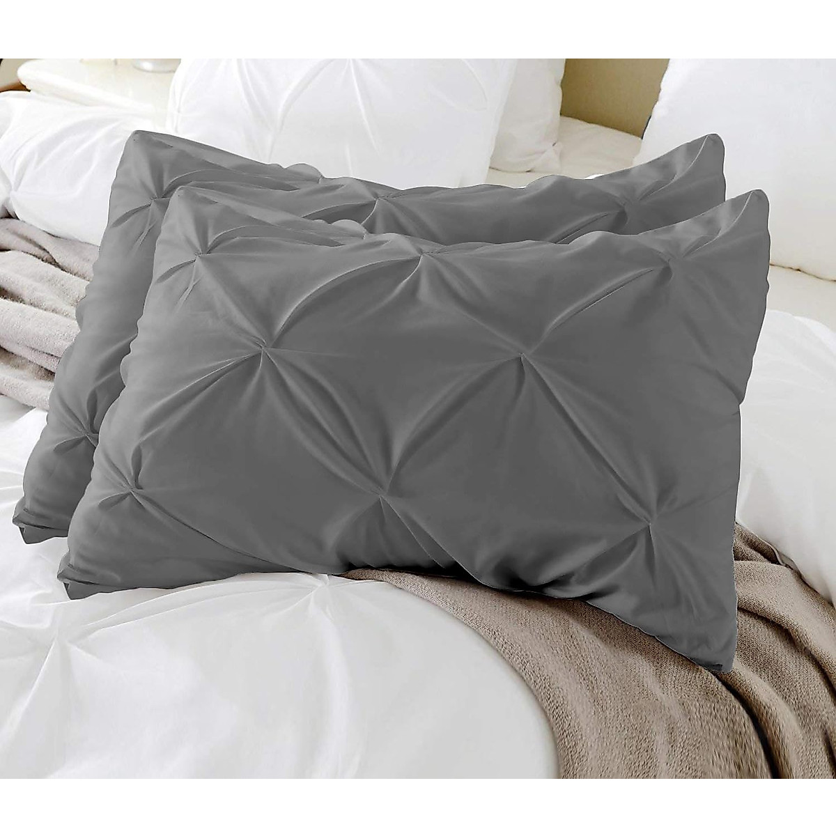 King Pillow Shams Set of 2 Pinch Pleated Dark Grey Pillow Shams King 20X36 Pinch Pillow Covers 100% Egyptian Cotton 600 Thread Count Hotel Class Bedding King Size Decorative Pinch Pillow Shams Set